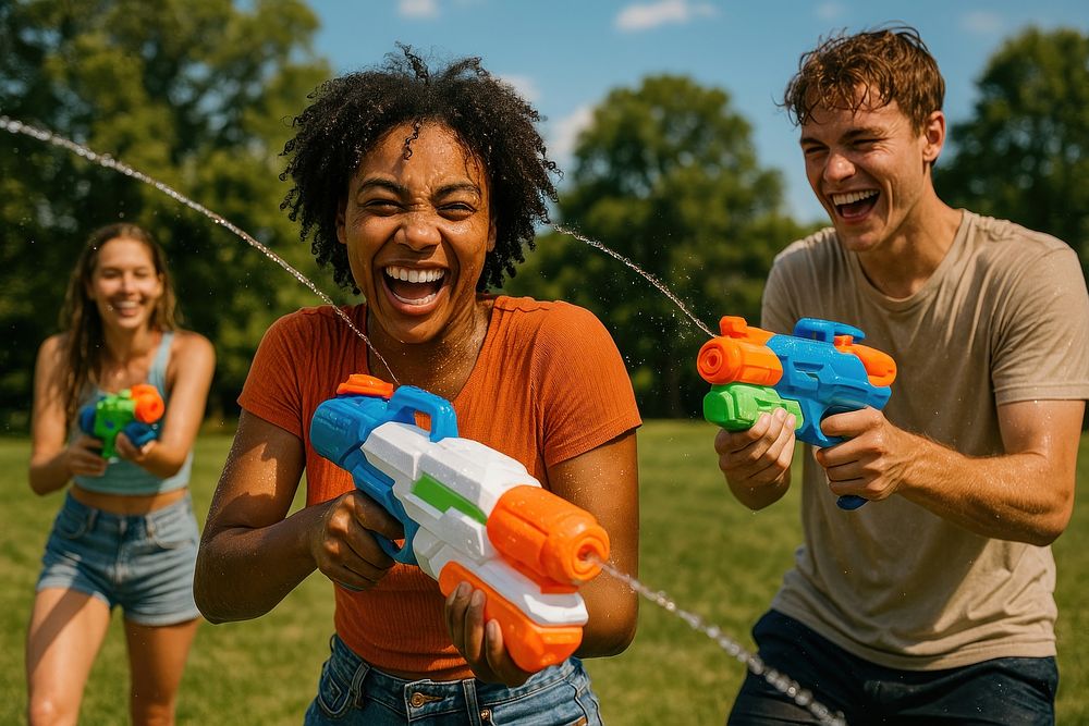 Joyful water gun battle outdoors. | Free Photo - rawpixel