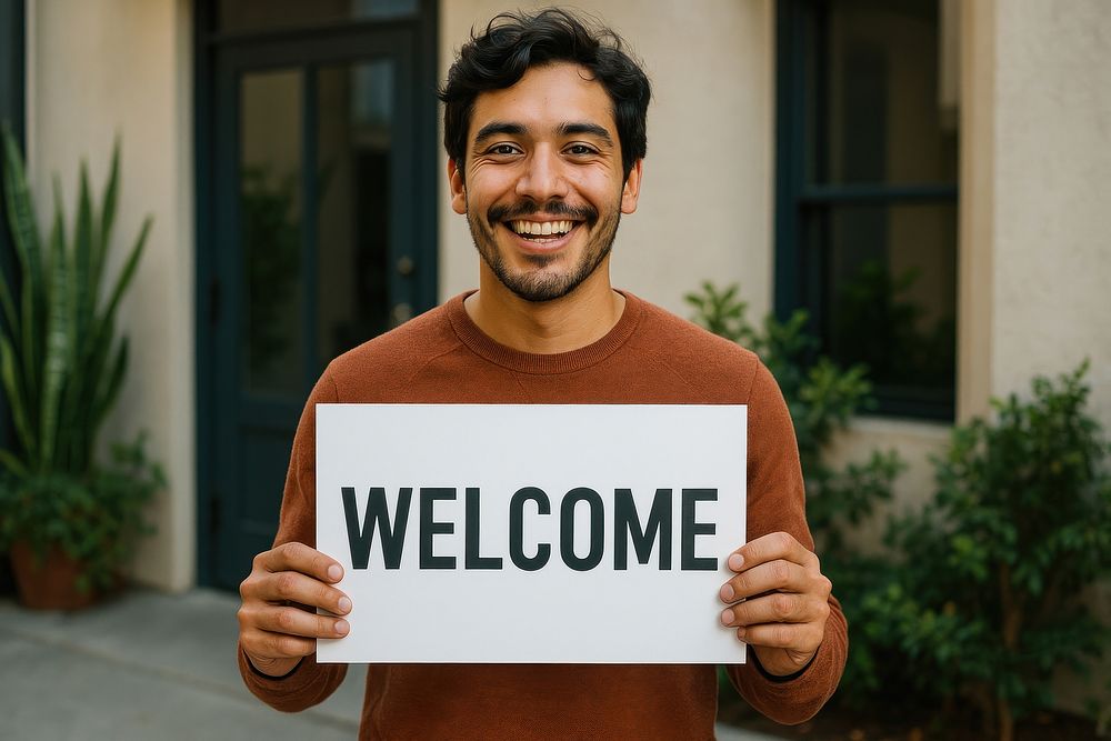 Smiling man holding welcome sign | Free Photo - rawpixel