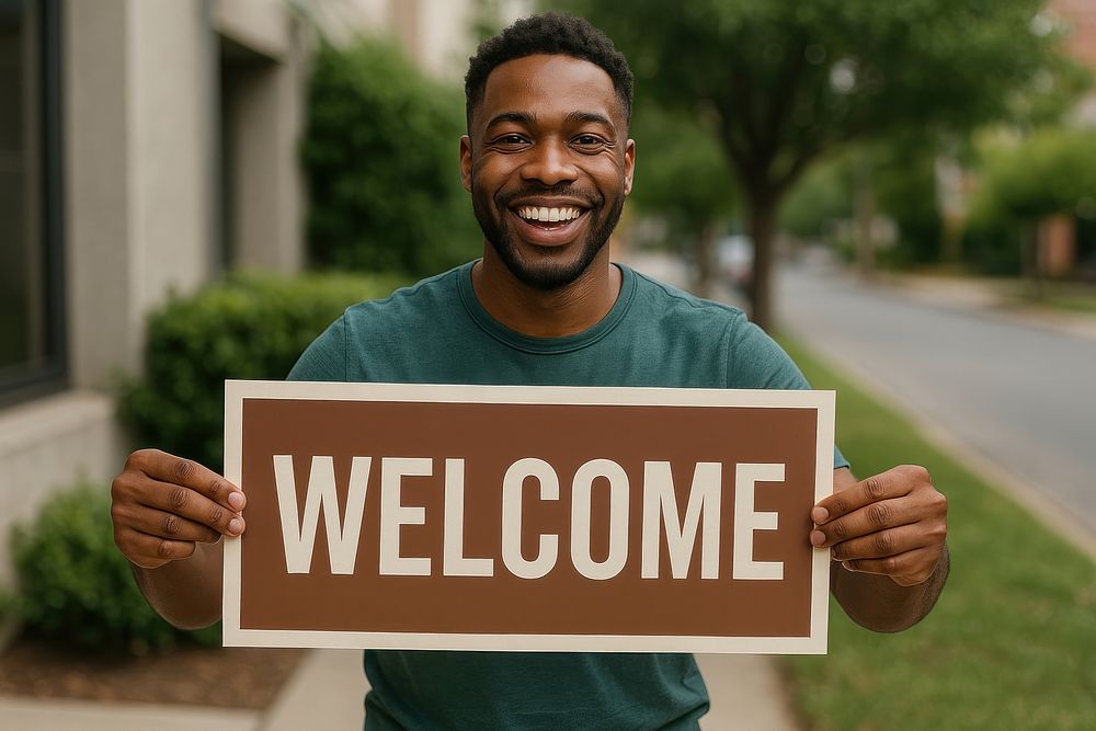 Smiling man holding welcome sign | Free Photo - rawpixel