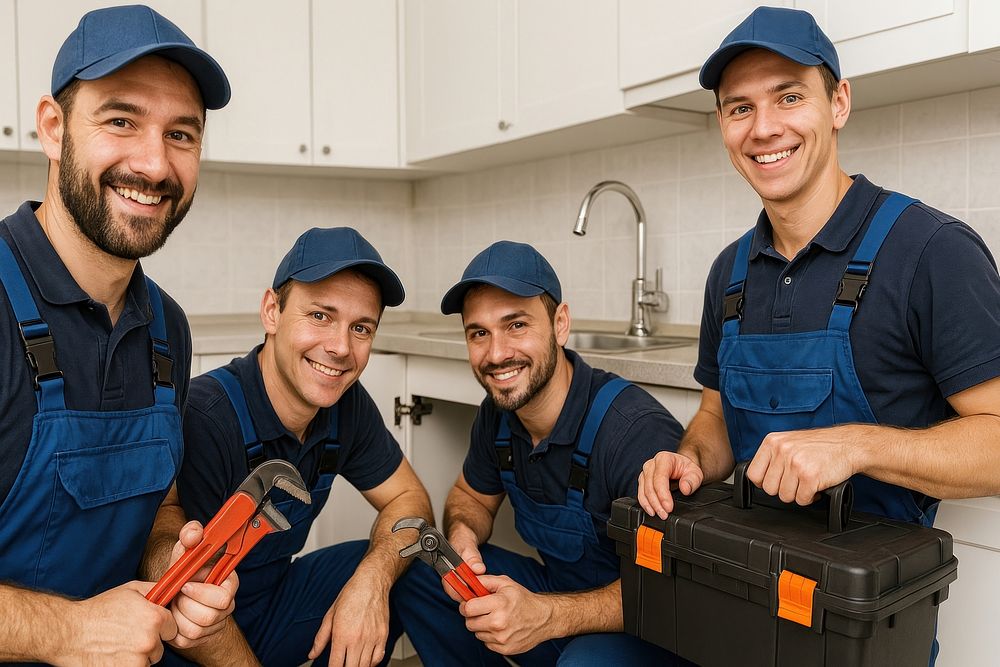 Happy plumbers in kitchen workspace. | Free Photo - rawpixel
