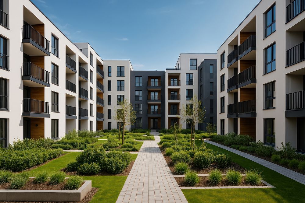 Modern apartment complex courtyard | Free Photo - rawpixel