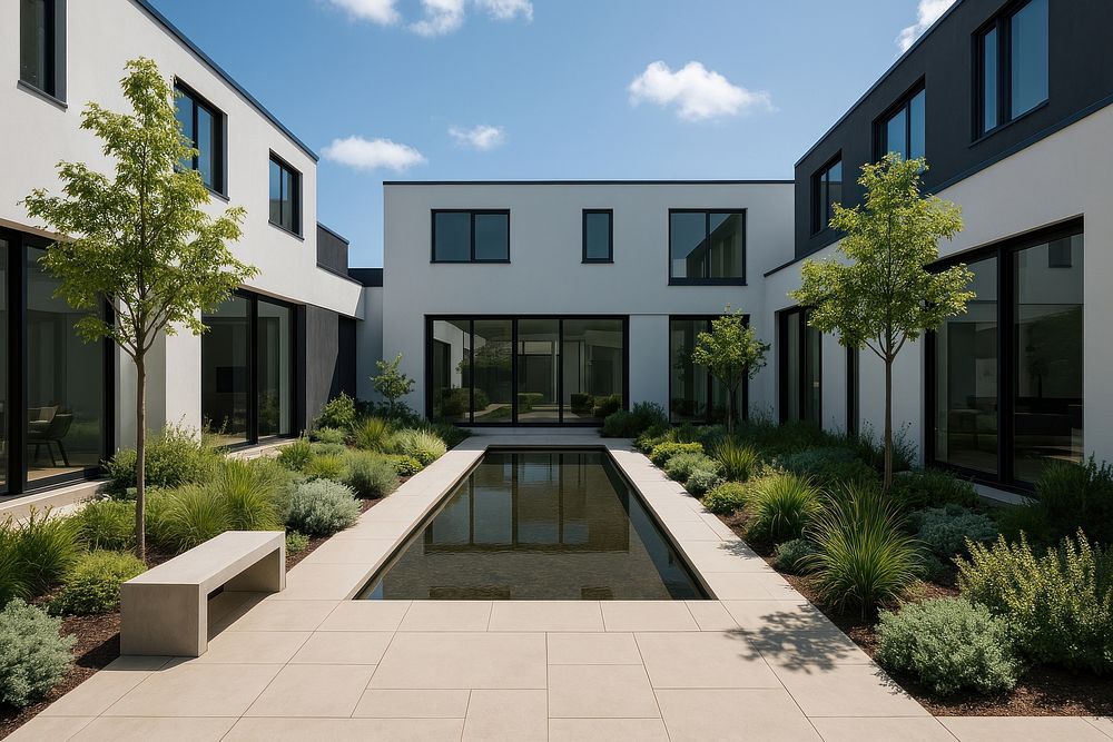 Modern courtyard with reflecting pool. | Free Photo - rawpixel