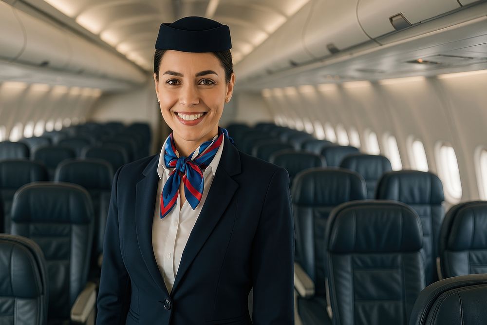 Flight attendant smiling confidently onboard. | Free Photo - rawpixel