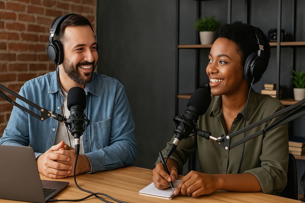 Podcast hosts recording conversation | Free Photo - rawpixel