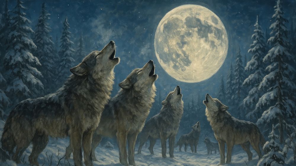 Wolves howling under moonlight | Free Photo Illustration - rawpixel