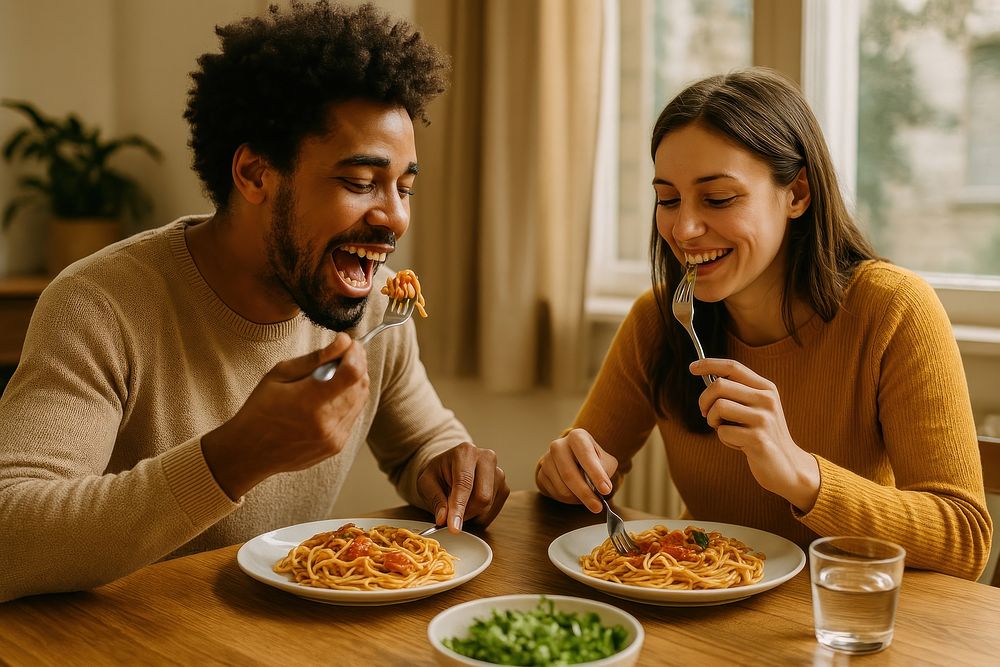 Couple enjoying delicious spaghetti meal. | Free Photo - rawpixel