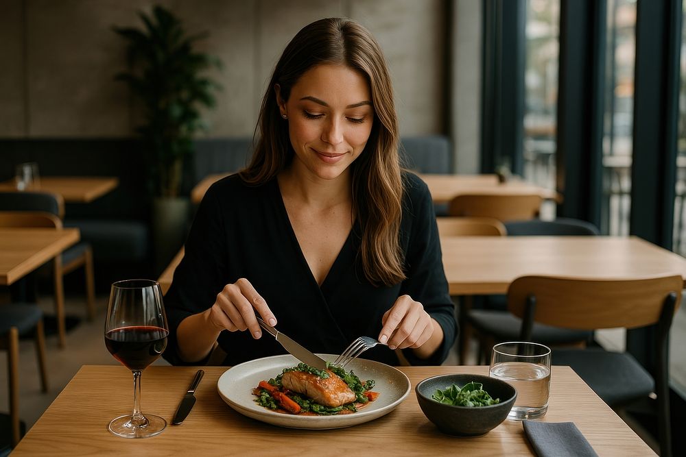 Woman dining elegant restaurant meal. | Free Photo - rawpixel