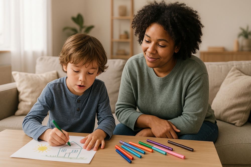 Child drawing with caregiver supervision | Free Photo - rawpixel