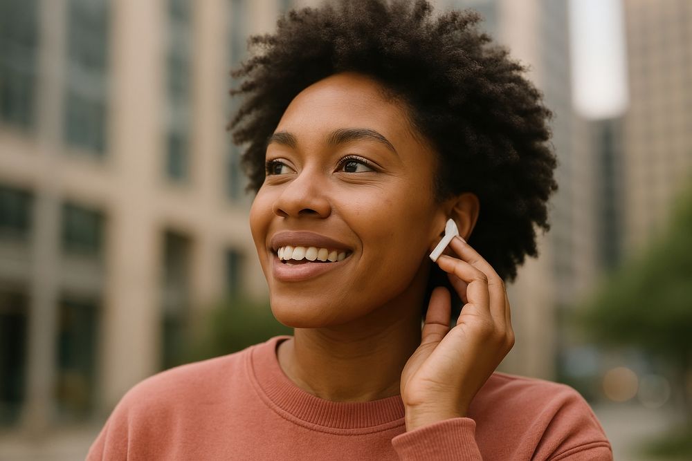 Smiling woman wearing earbuds outdoors | Free Photo - rawpixel