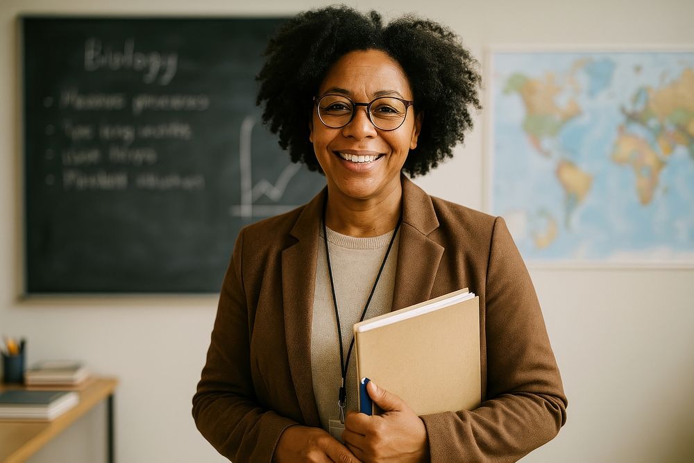 Confident teacher in classroom smiling | Free Photo - rawpixel