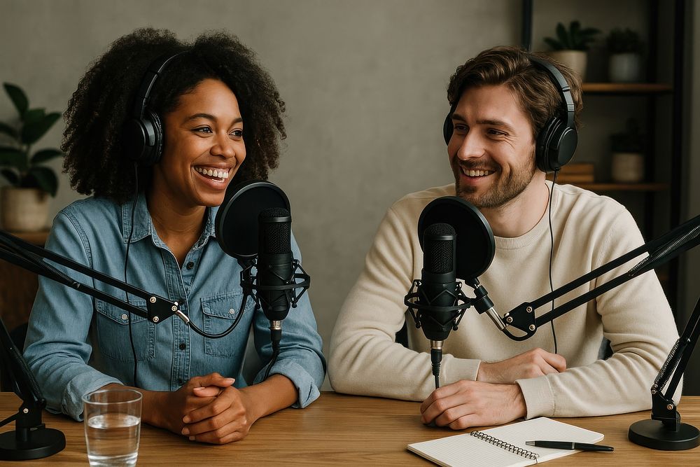 Podcast hosts recording engaging conversation | Free Photo - rawpixel