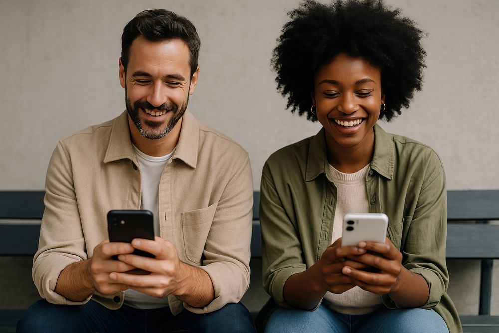 Smiling friends using smartphones. | Free Photo - rawpixel