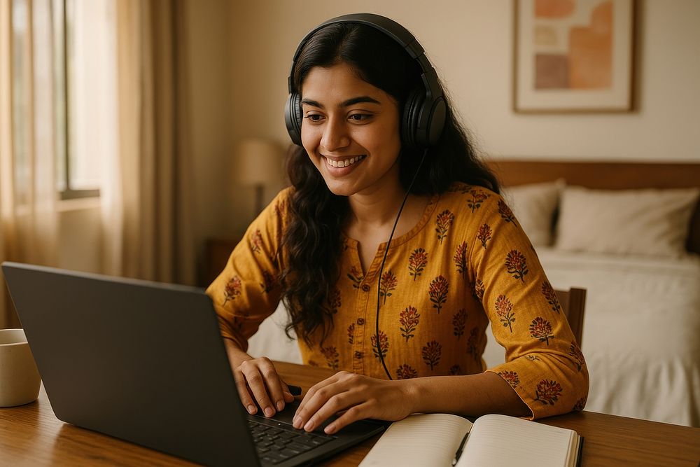 Woman smiling using laptop headphones. | Free Photo - rawpixel