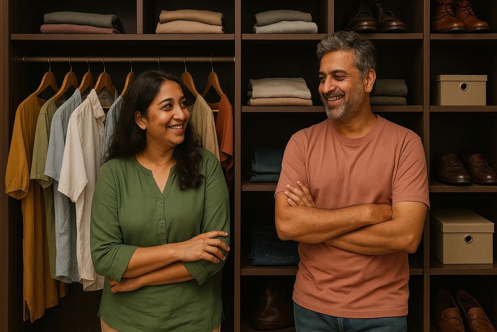 Couple smiling organized wardrobe | Free Photo - rawpixel