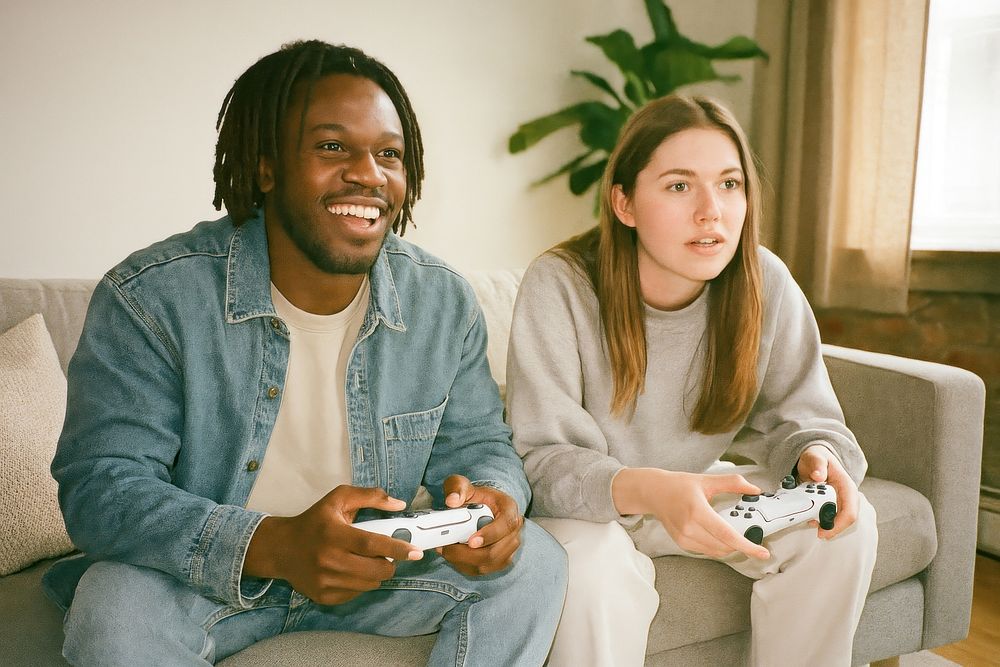 Friends gaming on couch together. | Free Photo - rawpixel