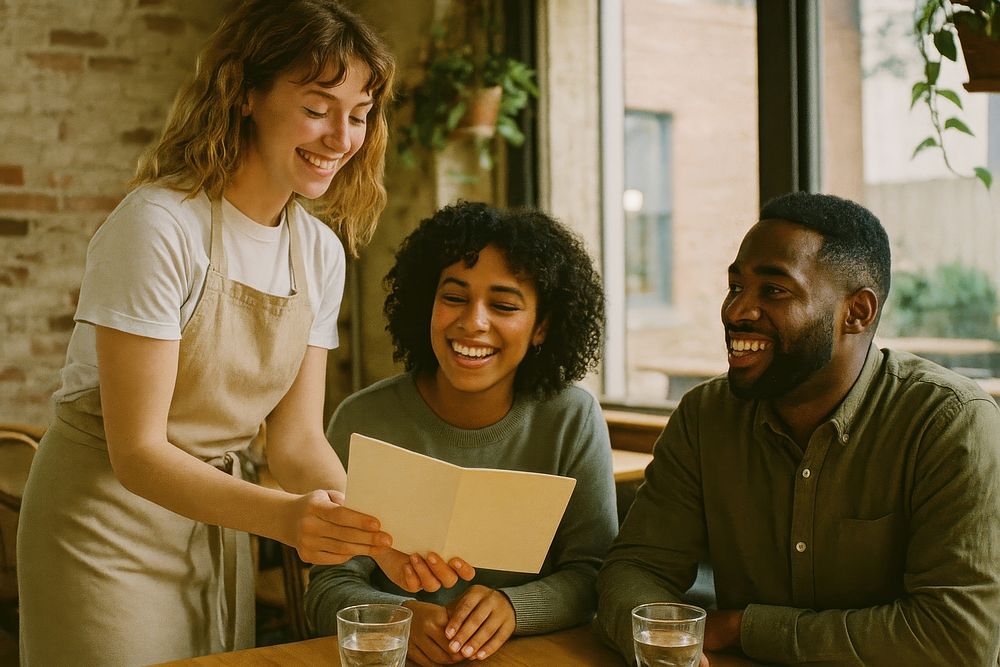 Friendly cafe interaction, diverse smiles. | Free Photo - rawpixel