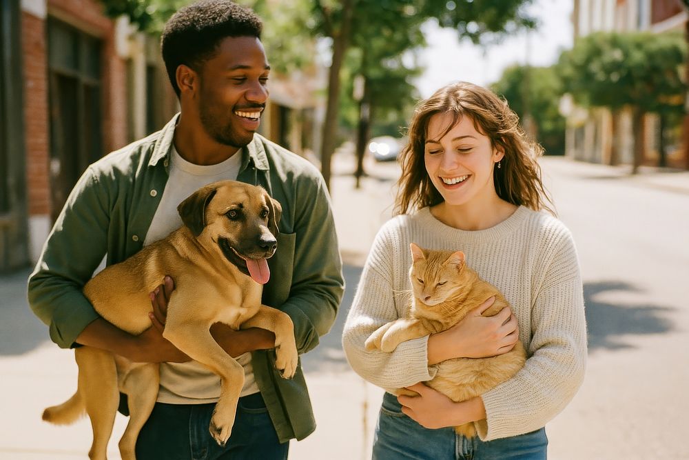 Happy friends walking pets together | Free Photo - rawpixel