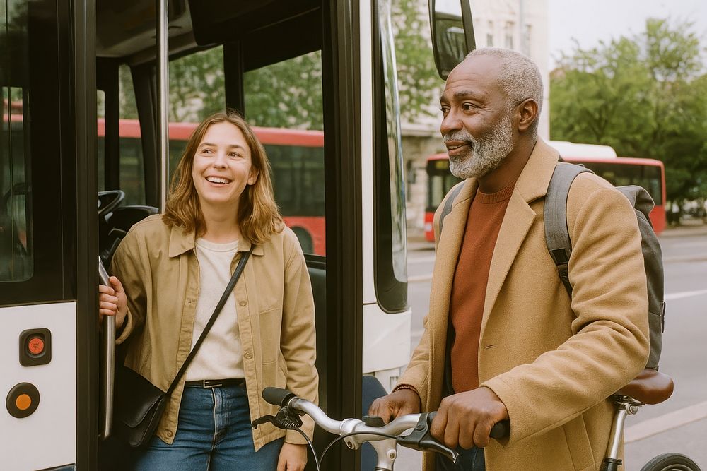 Commuters smiling near bus | Free Photo - rawpixel