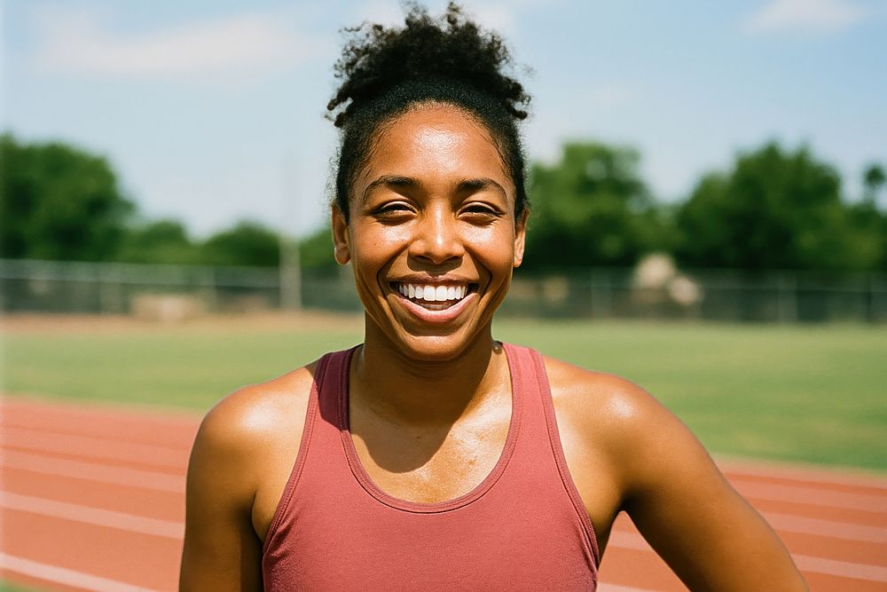 Smiling athlete on track field. | Free Photo - rawpixel