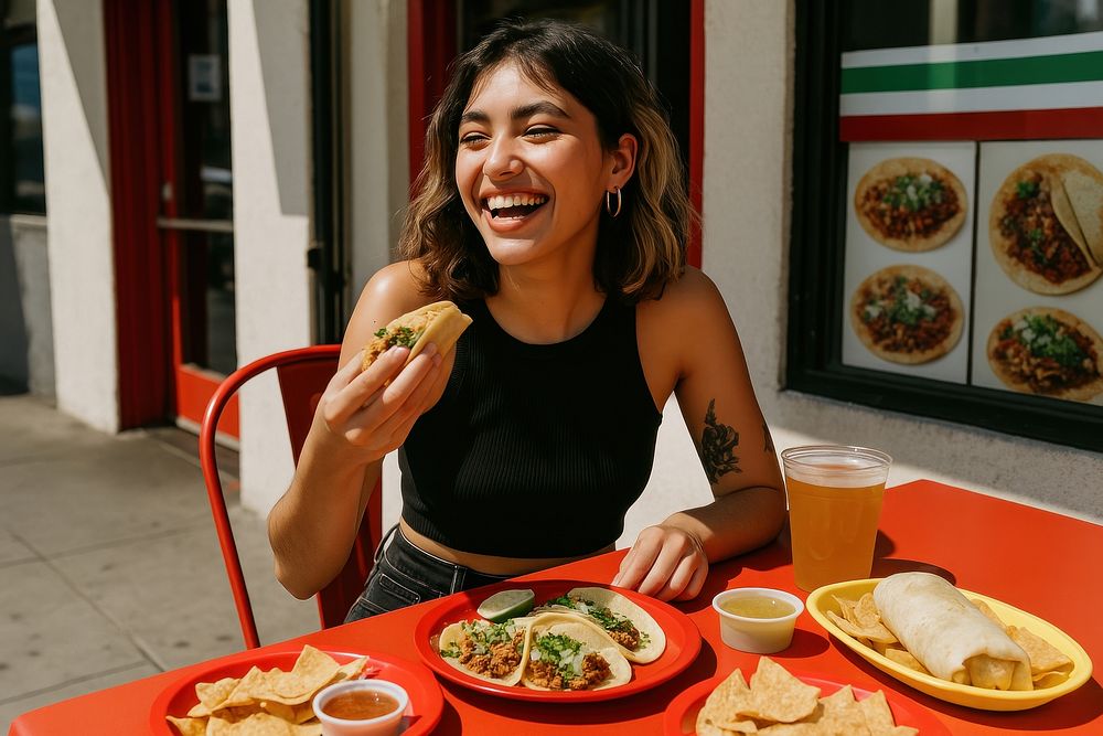 Joyful woman enjoying tacos outdoors | Free Photo - rawpixel