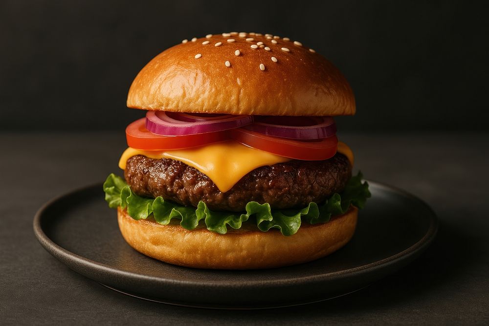 Delicious gourmet cheeseburger on plate. | Free Photo - rawpixel