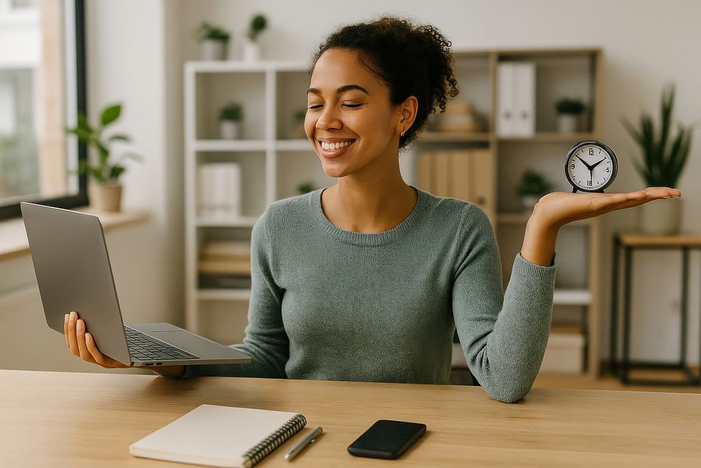 Smiling woman balancing time. | Free Photo - rawpixel