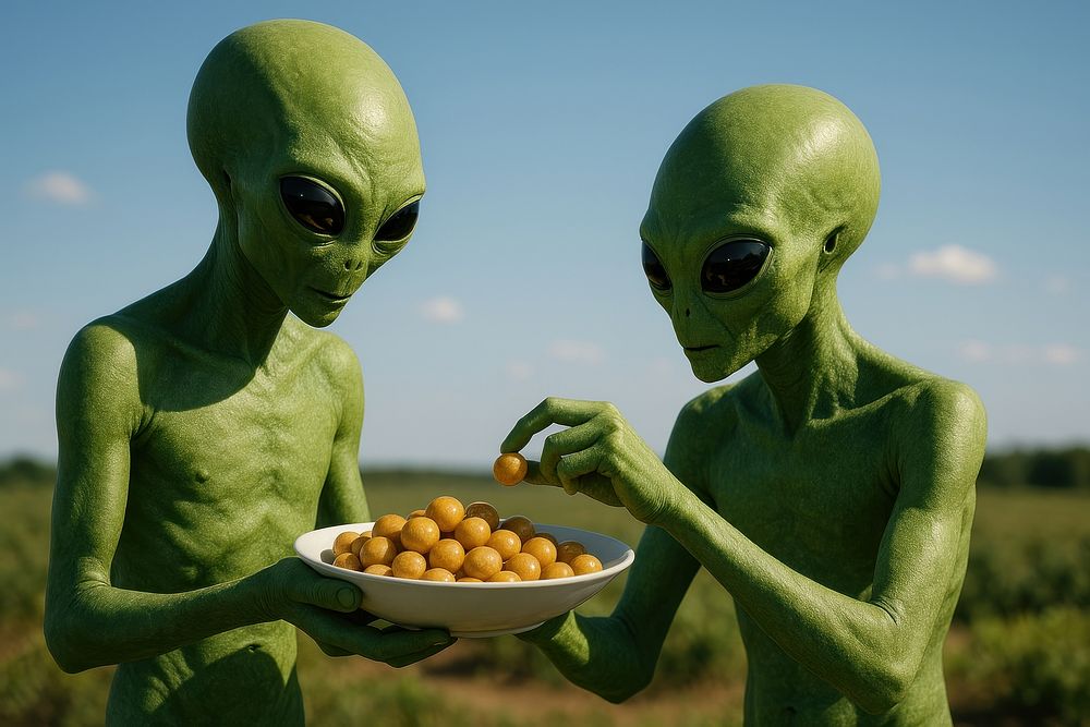 Aliens sharing golden fruit | Free Photo - rawpixel