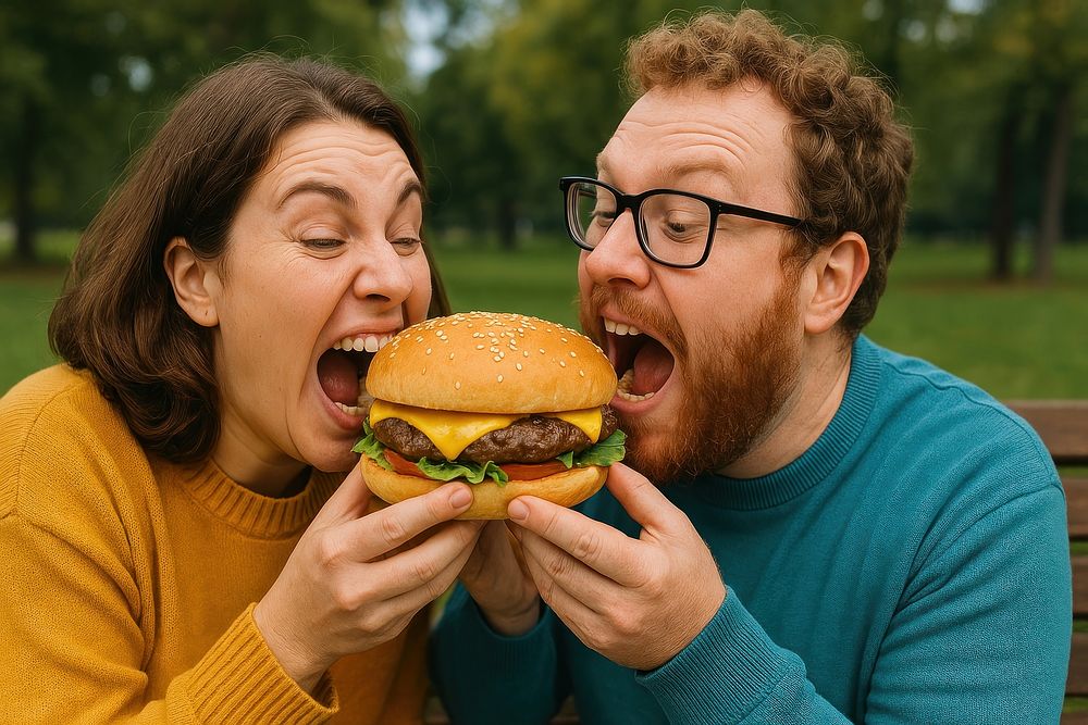 Couple sharing giant burger | Free Photo - rawpixel