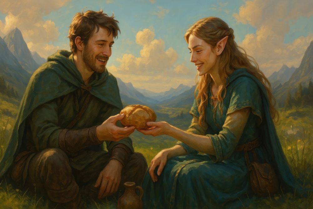 Fantasy elves sharing bread | Free Photo Illustration - rawpixel