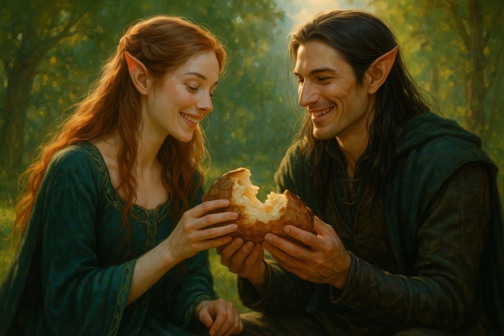 Elves sharing bread joyfully. | Free Photo Illustration - rawpixel