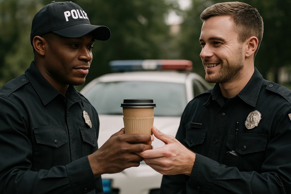 Police officers sharing coffee moment. | Free Photo - rawpixel