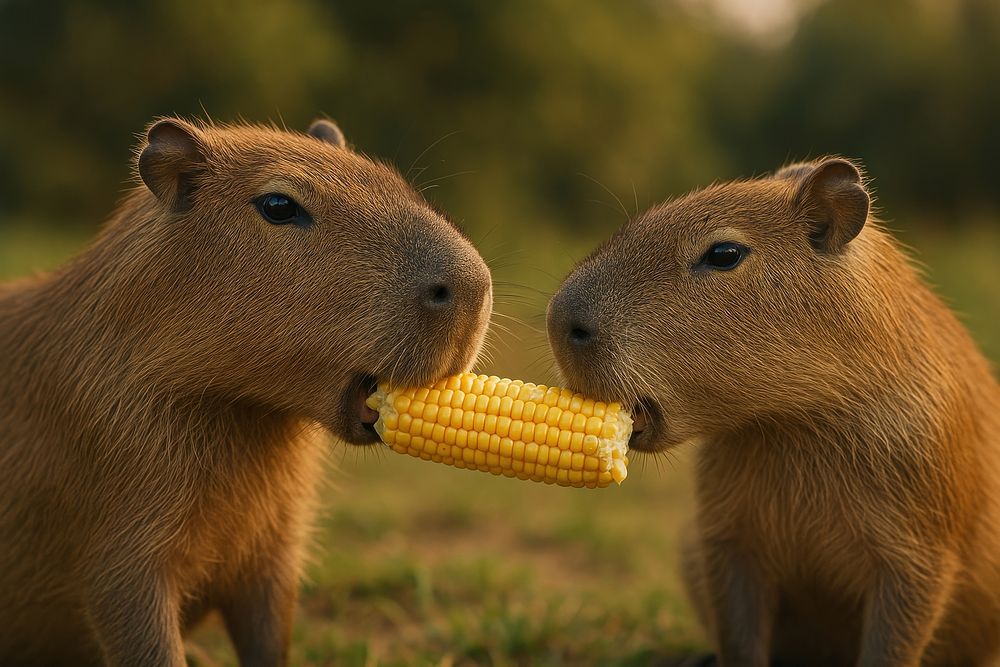 Capybaras sharing corn peacefully. | Free Photo - rawpixel