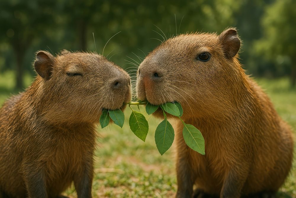 Capybaras sharing leafy snack. | Free Photo - rawpixel