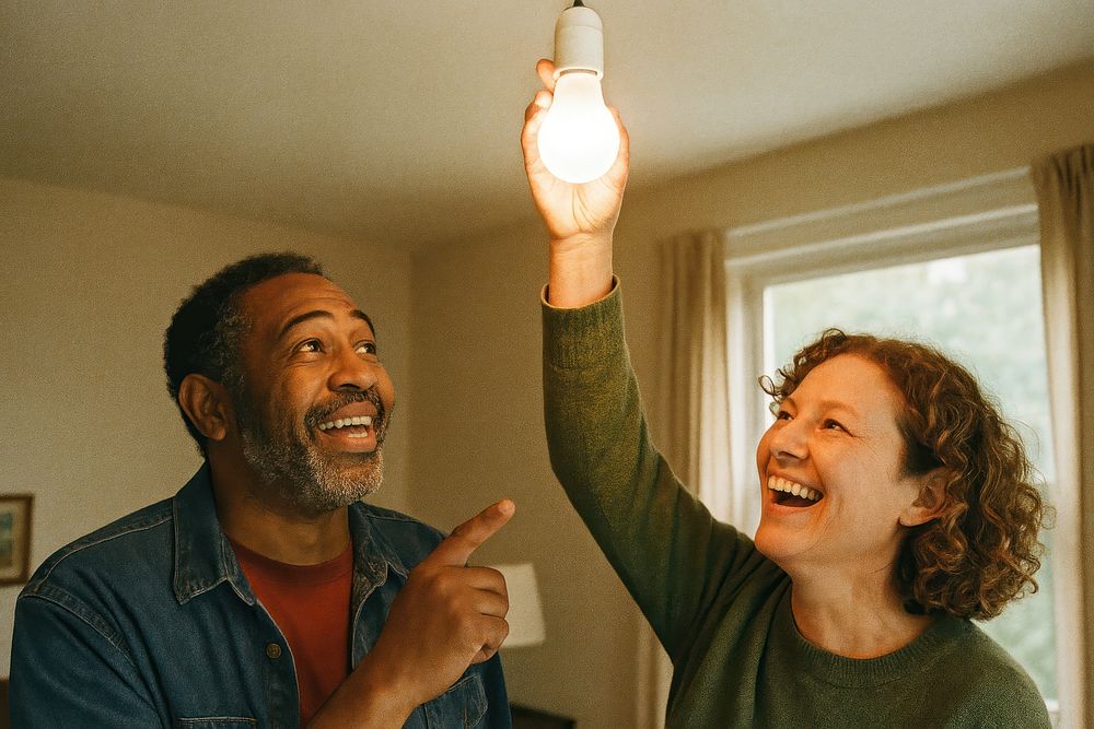 Joyful couple changing lightbulb | Free Photo - rawpixel