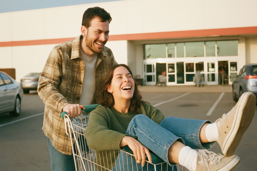 Joyful shopping cart ride outdoors | Free Photo - rawpixel