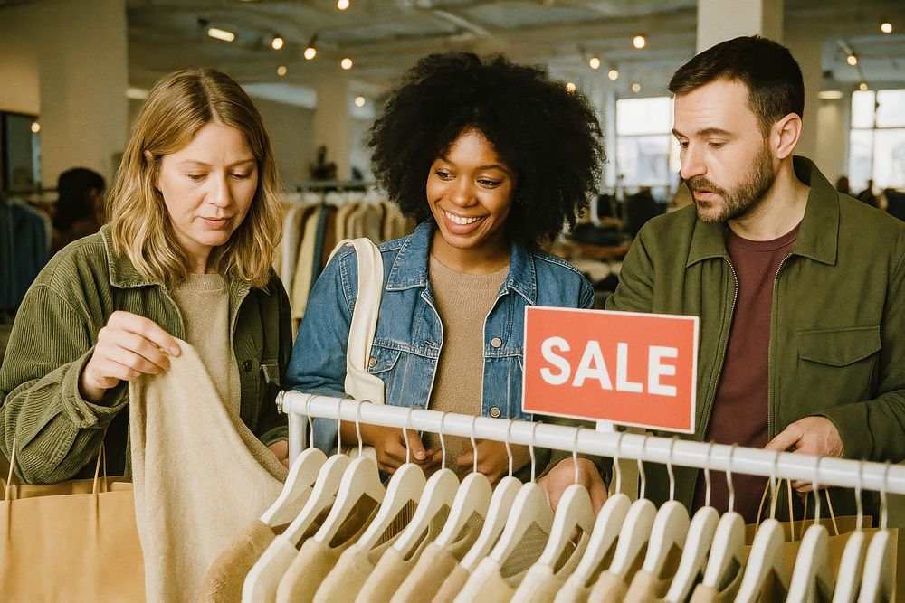 Shoppers browsing sale clothing rack | Free Photo - rawpixel