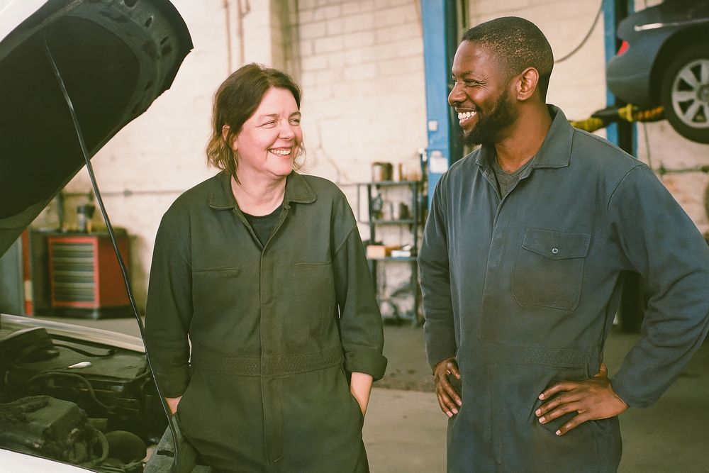 Mechanics smiling in garage | Free Photo - rawpixel