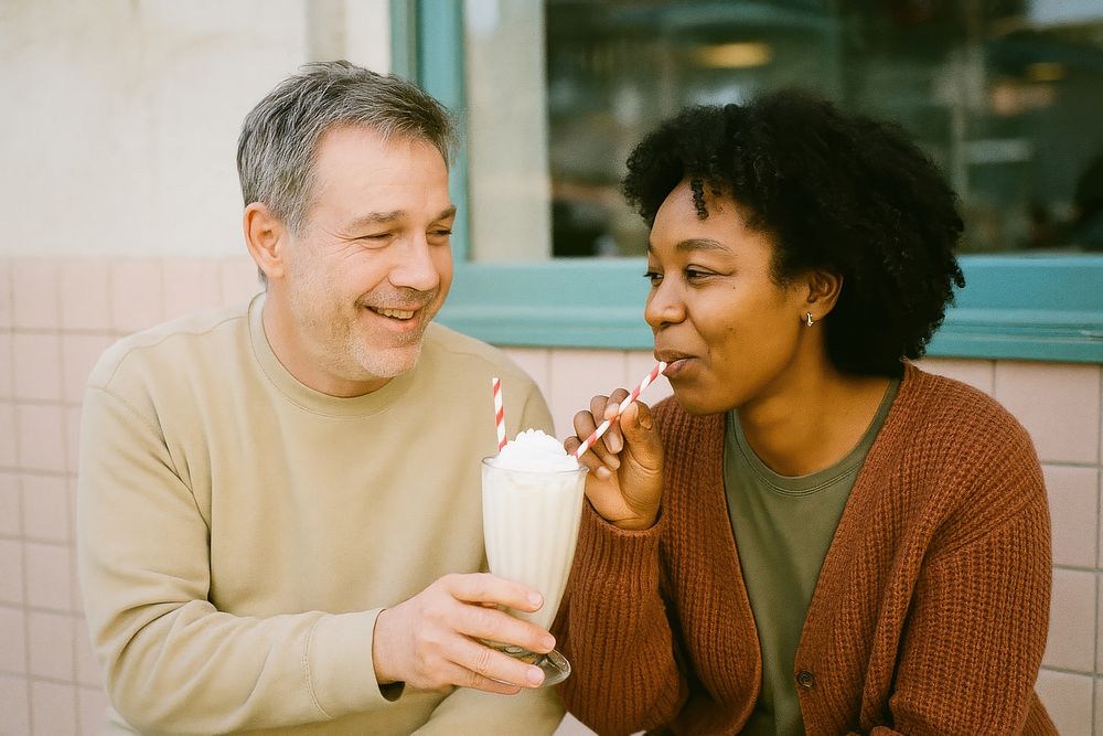 Couple sharing milkshake joyfully. | Free Photo - rawpixel