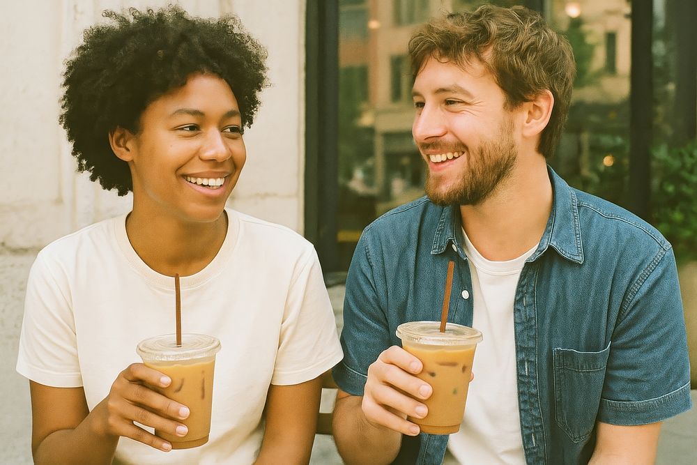 Smiling friends enjoying iced coffee. | Free Photo - rawpixel