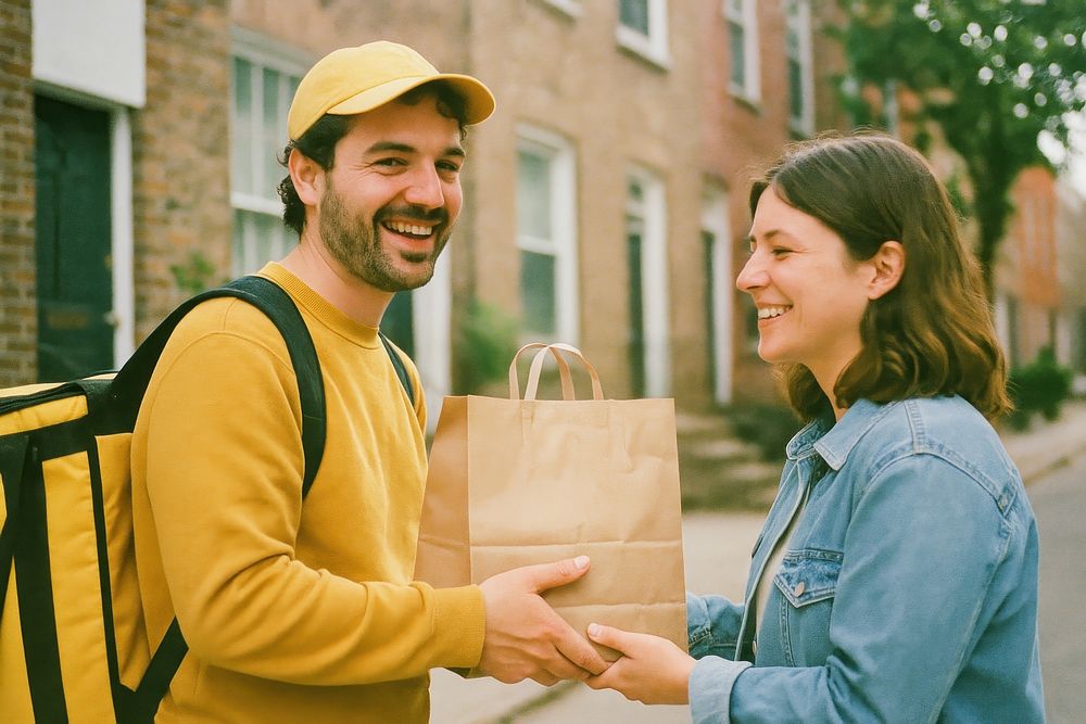 Friendly delivery exchange outdoors | Free Photo - rawpixel