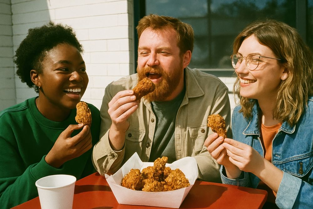 Friends enjoying delicious fried chicken. | Free Photo - rawpixel