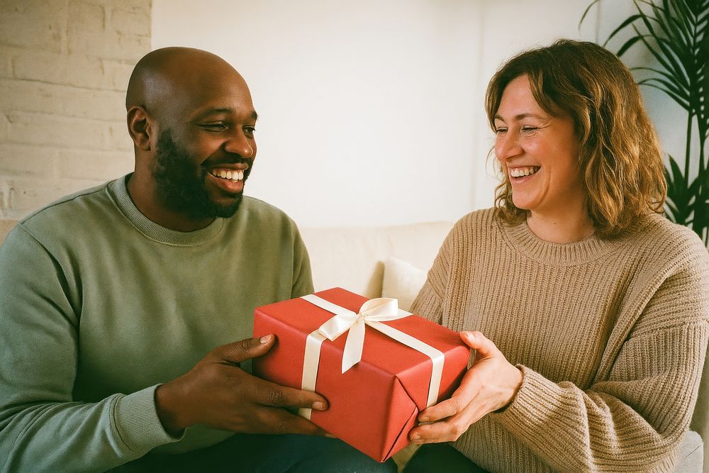 Joyful gift exchange moment | Free Photo - rawpixel