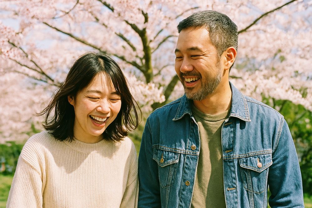 Joyful couple under blossoms | Free Photo - rawpixel