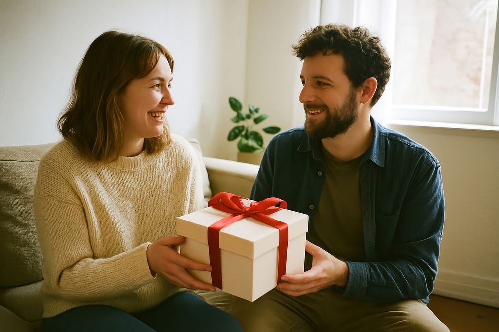 Happy couple exchanging gift box. | Free Photo - rawpixel