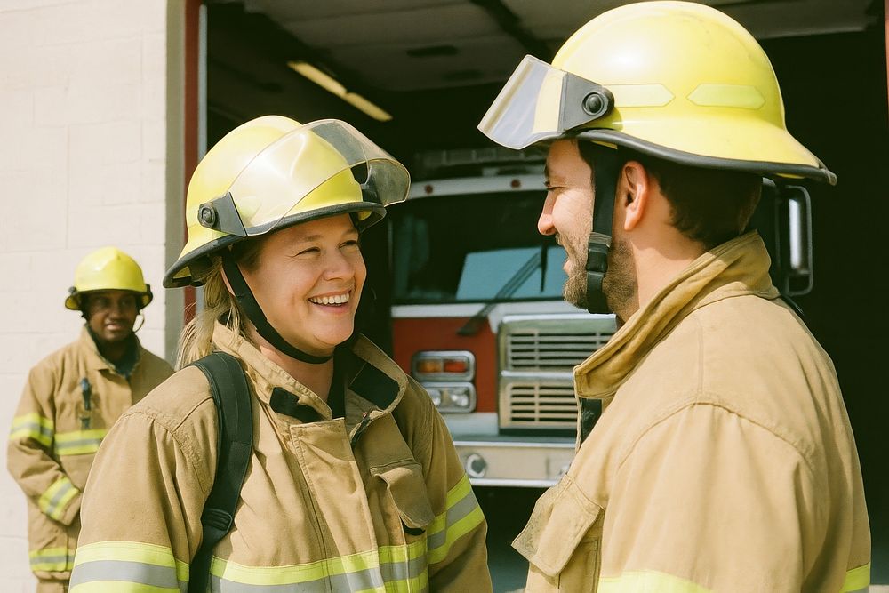 Firefighters smiling outside station | Free Photo - rawpixel