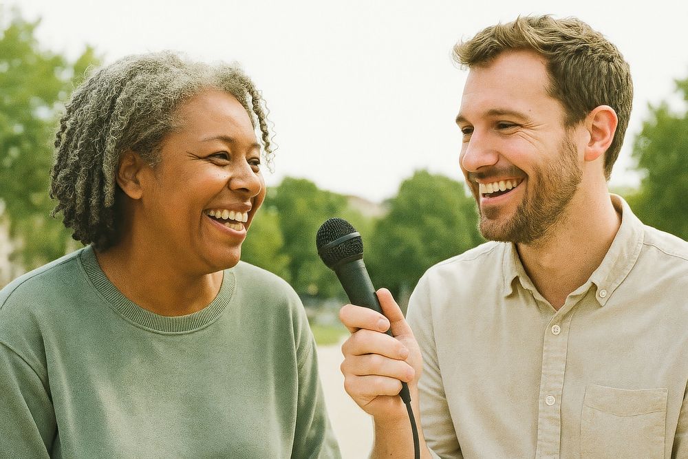 Joyful interview outdoor conversation | Free Photo - rawpixel