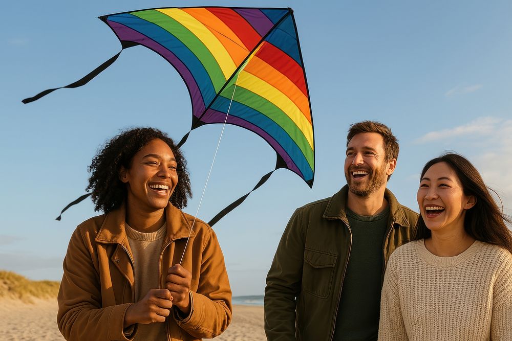 Joyful friends flying kite beach | Free Photo - rawpixel