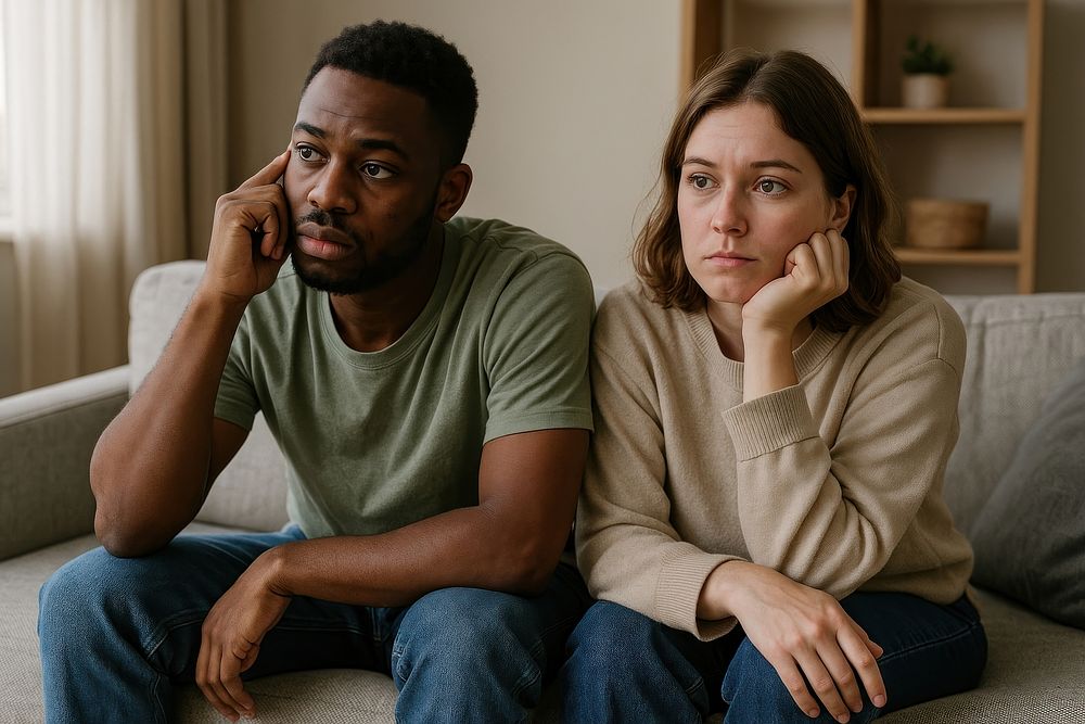 Couple sitting looking concerned | Free Photo - rawpixel