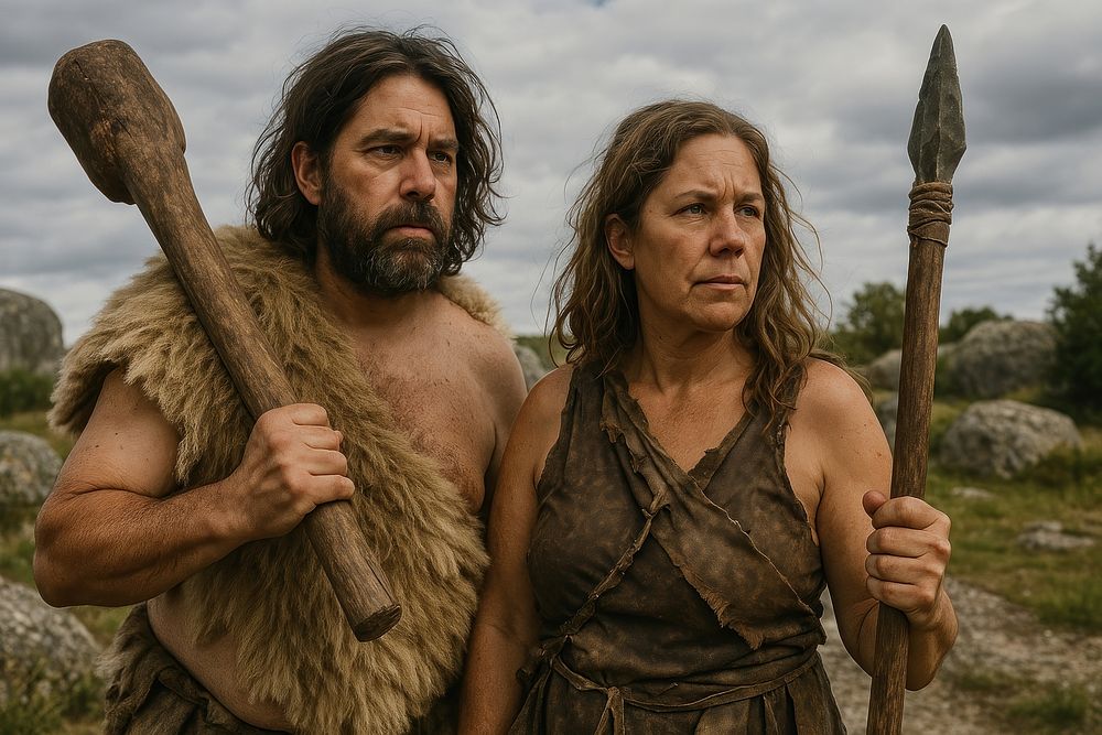 Prehistoric couple with primitive tools. | Free Photo - rawpixel