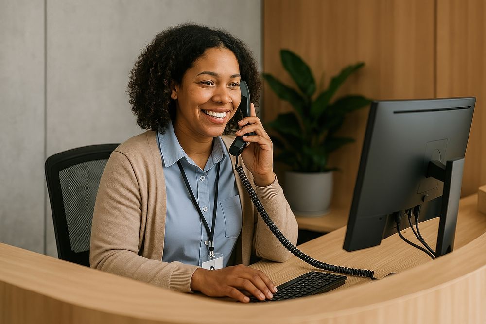 Receptionist smiling at desk | Free Photo - rawpixel